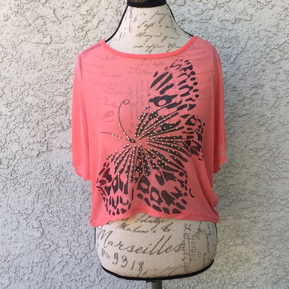 Vintage | Tops | Rhinestone Embellished Butterfly Sexy Sheer Pink Mesh ...